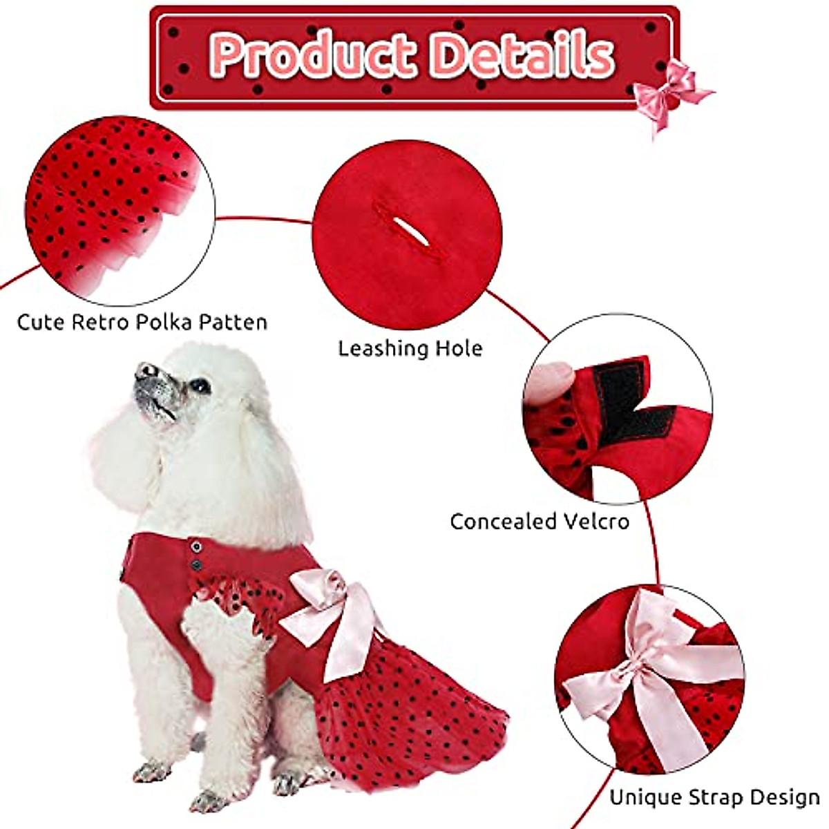 MAZORT Dog Dresses for Dogs Girl, Cute Retro Polka Dot Puppy Tutu Princess Dress, Soft Pregnant Pet Clothes with Adjustable Bowknot for Birthday Party (X-Small)