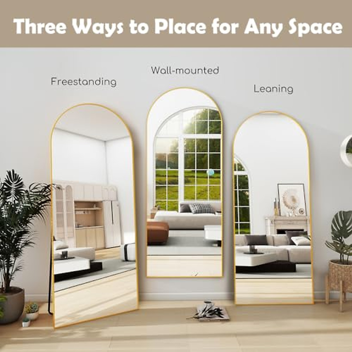 JAWGLOW Arched Full Length Mirror, 64" x 21" Free Standing Floor Mirror, Modern Full Body Mirror with Stand, Wall Mirror with Aluminum Alloy Frame for Bedroom,Living Room, Gold