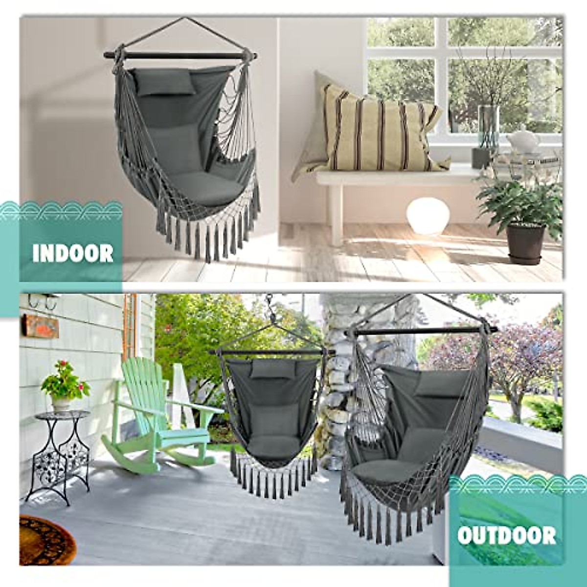 Hammock Chair Swing, Hanging Rope Swing with 3 Cushions Pillow and Side Pocket, Max 400 lbs, Large Macrame Hanging Chair for Indoor, Outdoor, Bedroom,Garden, Patio, Porch, Yard