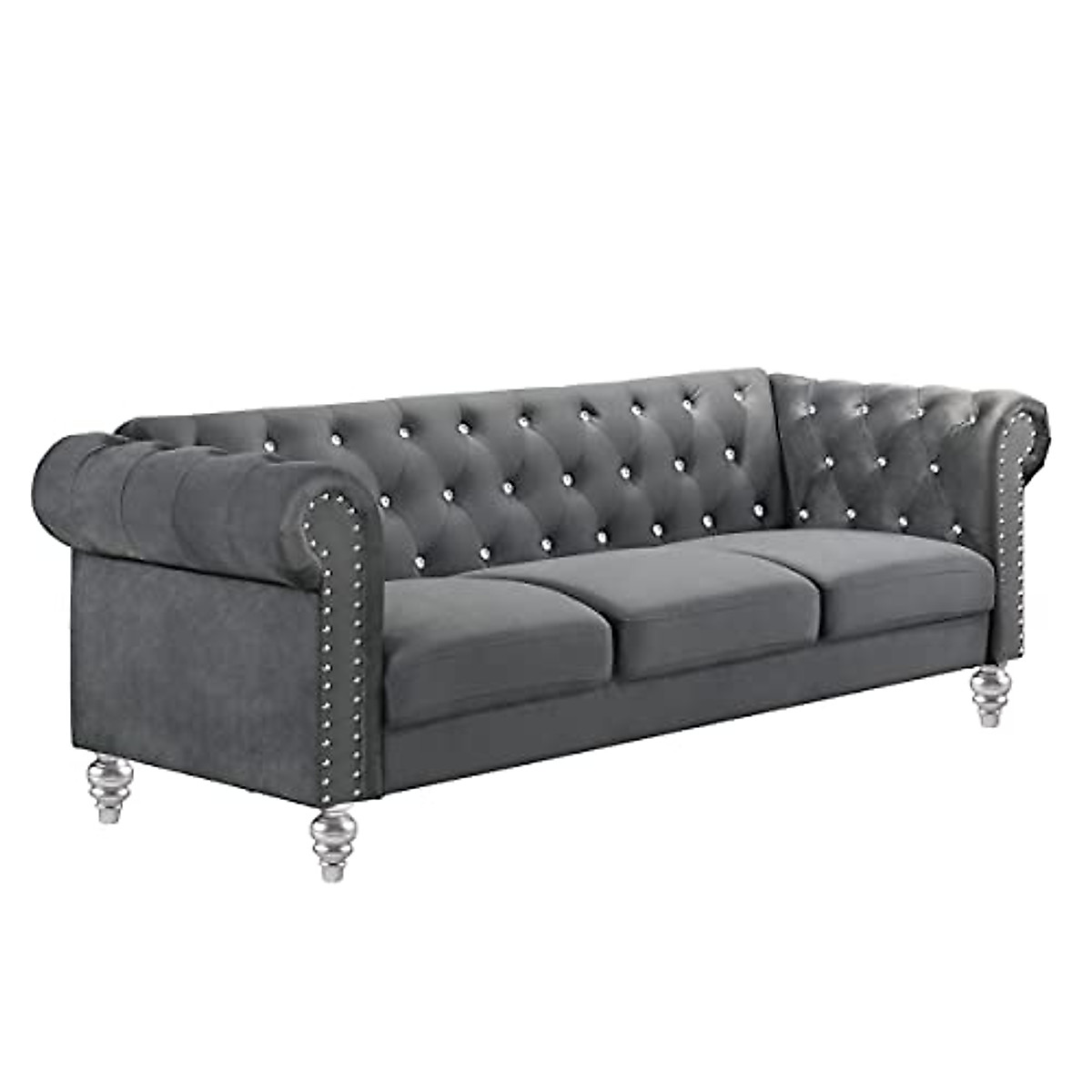 New Classic Furniture Glam Emma Velvet Three Seater Chesterfield Style Sofa for Small Spaces with Crystal Button Tufts, Gray