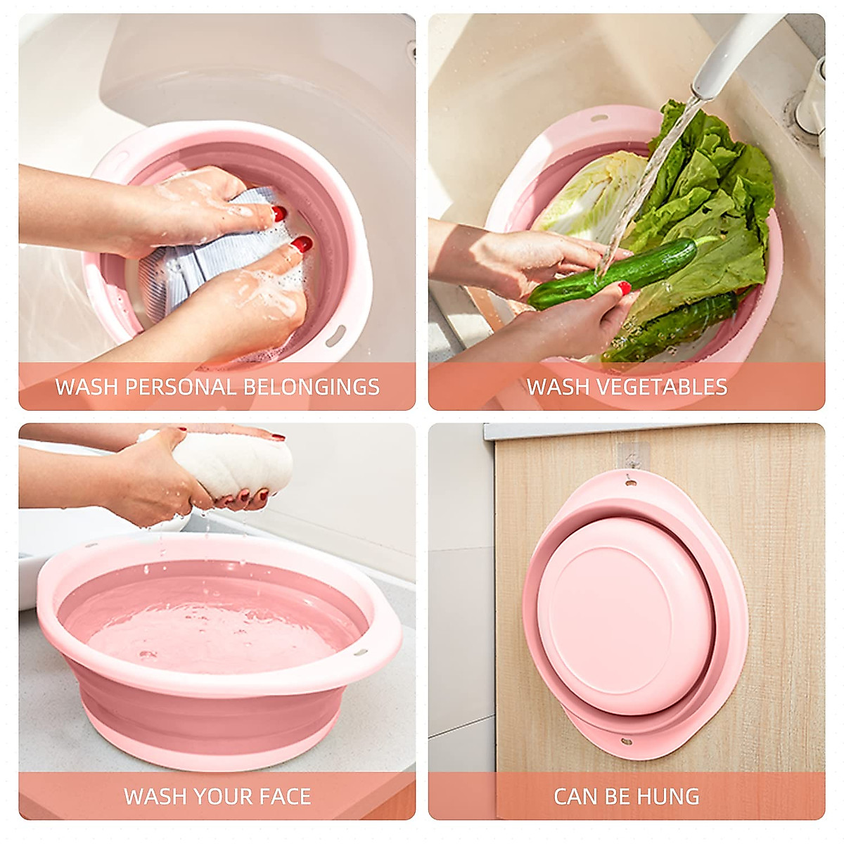 Iimin 5L Multifunctional Foldable Washbasin Collapsible Portable Wash Basin Dishpan Outdoor Travel Portable Washbasin for RV, Camping, Marine, BBQ（2Pack，Pink）