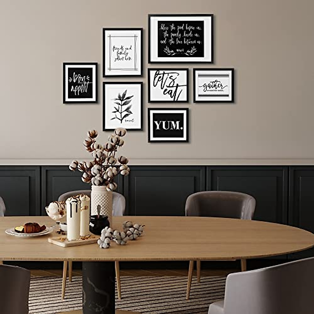 ArtbyHannah Black and White Dining Room Wall Art Decor Set of 7 with Gallery Wall Frames and Decorative Art Prints for Kitchen Wall Decoration, Multi-Size 12x16, 9.5x12, 8x9.5