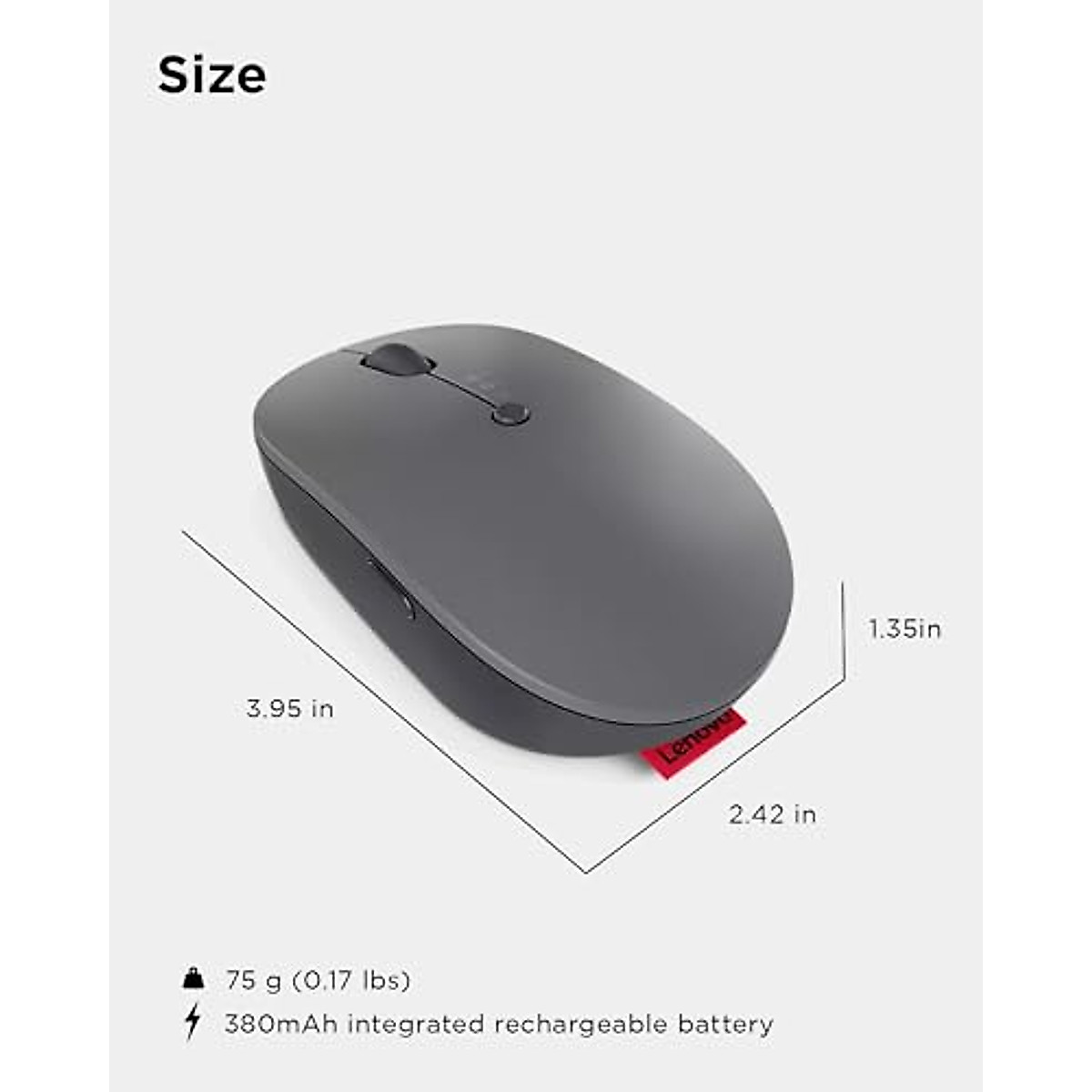 Lenovo Go Multi-Device Wireless Mouse, 2.4GHz Nano USB-C Receiver, Bluetooth, Adjustable DPI, USB-C Rechargeable Battery, Qi Wireless Charging, Ambidextrous, GY51C21211, Grey