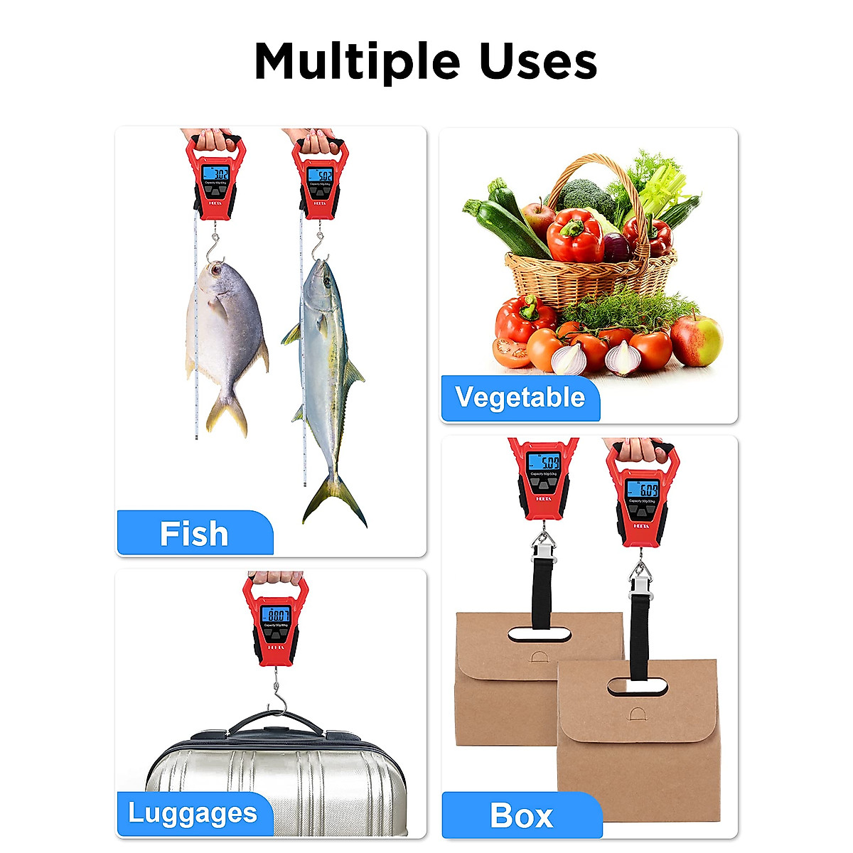 HEETA Waterproof Fish Scale Digital with Backlit LCD Display, 110lb/50kg Portable Hanging Scale Fishing Scale for Home and Outdoor, Measuring Tape and 2 AAA Batteries Included (Red)