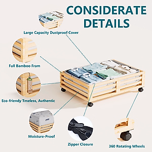 Bamboo Under Bed Storage Containers- Underbed Organizer with Wheels with Large Capacity Dust Bag,Sturdy Wood Rolling Under Bed Shoe Storage Organizer Drawer 2 Packs (Nature, Small)