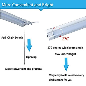 8 Pack 4FT 48W LED Shop Light for Workshop Garage,LED Ceiling Light, Plug in Linkable Utility Light Fixtures,5000K Cool White, 5280 LM, Frosted Lens, Pull Chain (ON/Off), Hanging/Mounted 120V