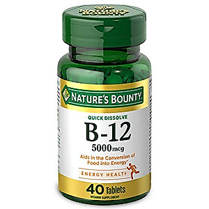 Nature's Bounty Vitamin B12, Quick Dissolve Vitamin Supplement, Supports Energy Metabolism and Nervous System Health, 5000mcg, 40 Tablets
