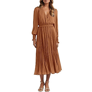 PRETTYGARDEN Women's Midi Long Puff Sleeve Summer Dresses 2024 Smocked Waist V Neck Flowy Ruffle Pleated Casual Long Dress (Brown,Medium)