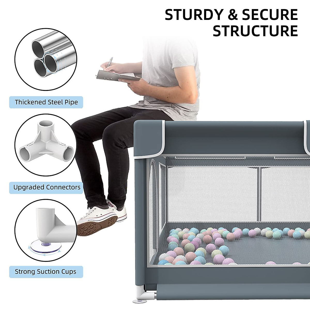 Baby Playpen, 79" x 63" Extra Large Play Yard Playpen for Babies and Toddlers with 50 Ocean Balls, Indoor & Outdoor Safety Baby Activity Center with Breathable Mesh, Anti-Slip Suckers and Zipper Gate