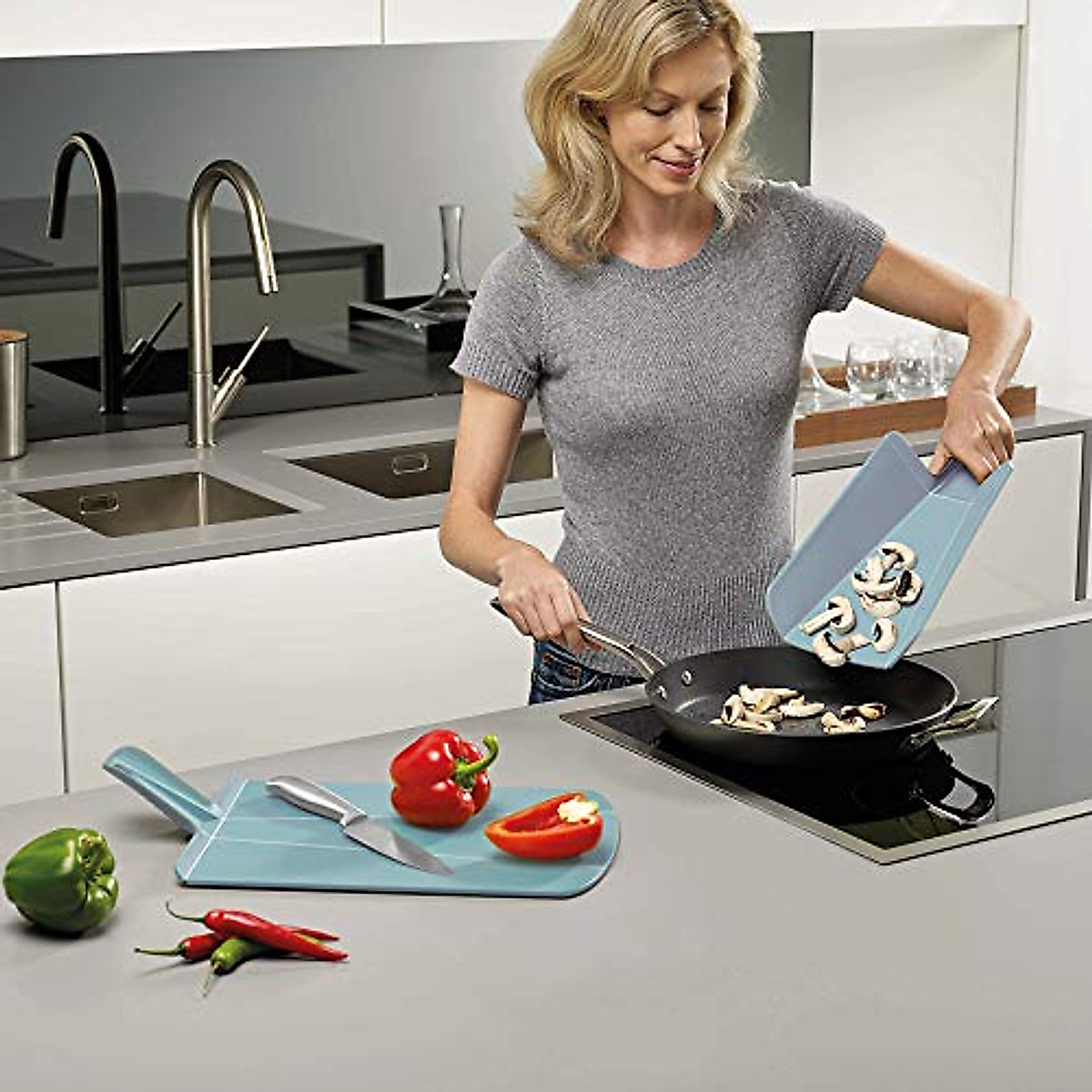 Joseph Joseph Chop2Pot Foldable Plastic Cutting Board 15 x 8.75 Non-Slip Feet 4-inch Handle Dishwasher Safe, Small, Dove Gray