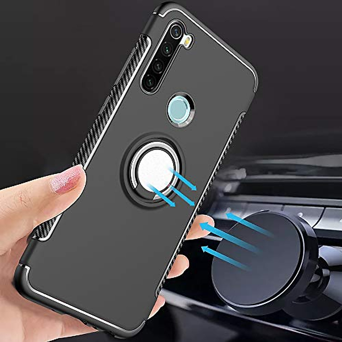 Phone Case for Xiaomi Redmi Note 8 with Tempered Glass Screen Protector Cover and Magnetic Stand Ring Holder Slim Kickstand Hybrid Hard Cell Accessories Xiami Xiomis Xiome Redme Note8 Cases Men Black