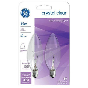 G E LIGHTING 87840 Blunt Tip Candelabra Bulb, 15W/120V, 2-Pack