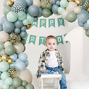 Ouddy Life Dusty Blue Balloon Arch Kit, 179pcs Sage Green Pastel Blue Sand White Gold Confetti Balloons Butterfly Stickers for Boho Baby Bridal Shower Birthday Wedding Woodland Party Decorations