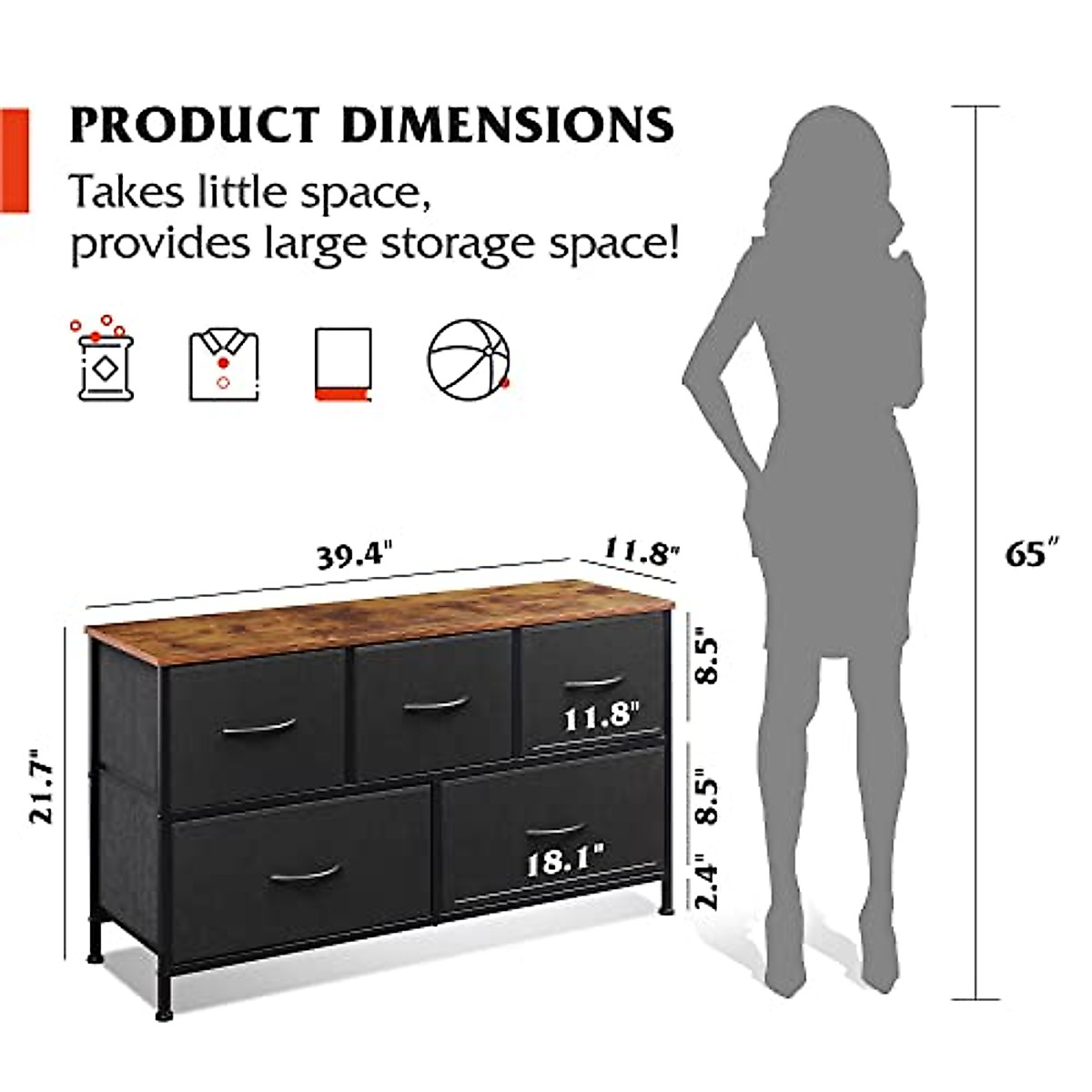 WLIVE 1 Drawer Nightand with Shelf, 5-Drawer Dresser Set, Fabric Storage Tower for Bedroom, Hallway, Nursery, Closets, Tall Chest Organizer Unit with Textured Print Fabric Bins, Steel Frame, Wood Top