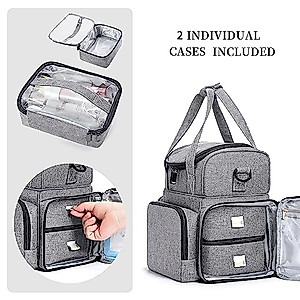 LEAFFUP 2 Layers Large Travel Makeup Bag with 2 Removable Pouches, Large Cosmetic Bag with Detachable Partition, Portable Cosmetic Bag with Multiple Storage Sections (Patent Pending), Grey