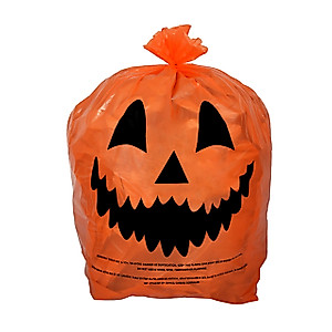 KINREX Halloween Leaf Bags Pumpkin Plastic Lawn and Leaf Bags Decoration - Outdoor Fall Trash Bag Decor - Orange Jack O Lantern - Pack of 3 with Twist Ties