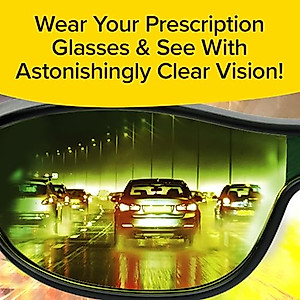 BattleVision Night Vision Wraparounds Green Night Driving Glasses, AS-SEEN-ON-TV, Fits Over Your Prescription Eyeglasses and Reading, See Clearer, Anti-Glare, Reduces Glare from Headlights, Unisex