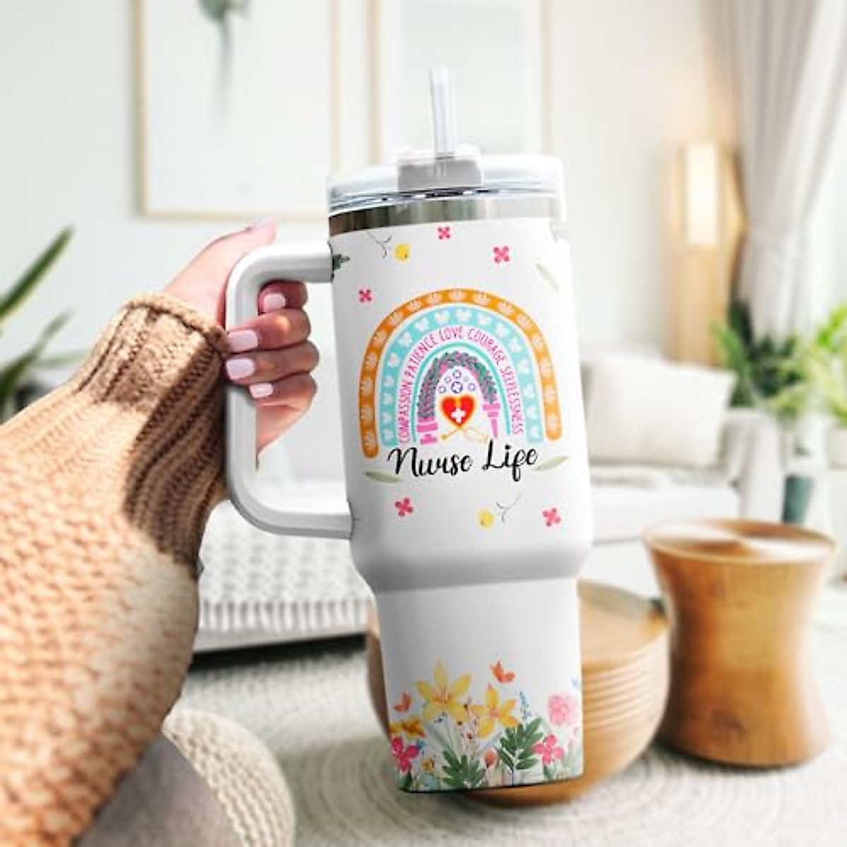 99OWL Nurse Gifts, Tumbler 40 Oz With Handle Lid And Straw, Nurse Rainbow Color, Engraved Nursing Cups Straws Funny Cup Nurses Tumblers Flower Handle Student Travel Coffee Week Er