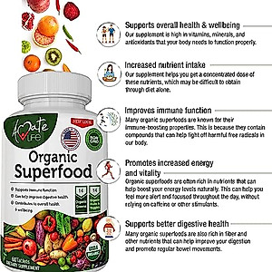 Organic Superfood Greens Fruits and Veggies Complex - Best Dietary Supplement with 14 Greens &14 Fruits & Vegetables with Alfalfa Rich in Antioxidants Organic Ingredients Non-GMO (120 Count Pack of 2)