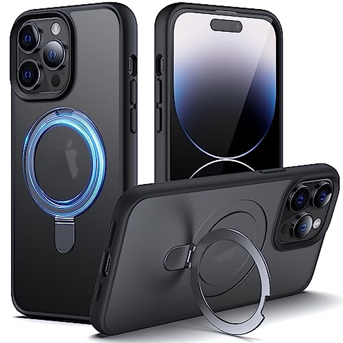 DASFOND Mag-Stand Designed for iPhone 14 Pro Max Case, 2023 Upgraded [All-in-1] [Compatible with MagSafe Invisible Ring Kickstand Transparent Matte Cover Military Shockproof Ultra Slim Case, Black