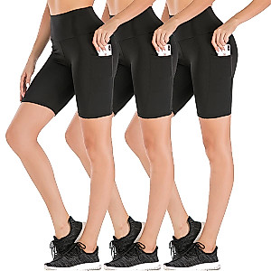 High Waisted Biker Shorts for Women-Workout Yoga Running Shorts Leggings with Pockets (1# Black,3 Pack, Large)