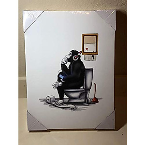 Blanche Gifts Black and White Banksy DJ Thinking Monkey Sitting on Toilet Seat Canvas Wall Art Print – Stretched on Wooden Frame and Ready to Hang – Size 12 x 16 in