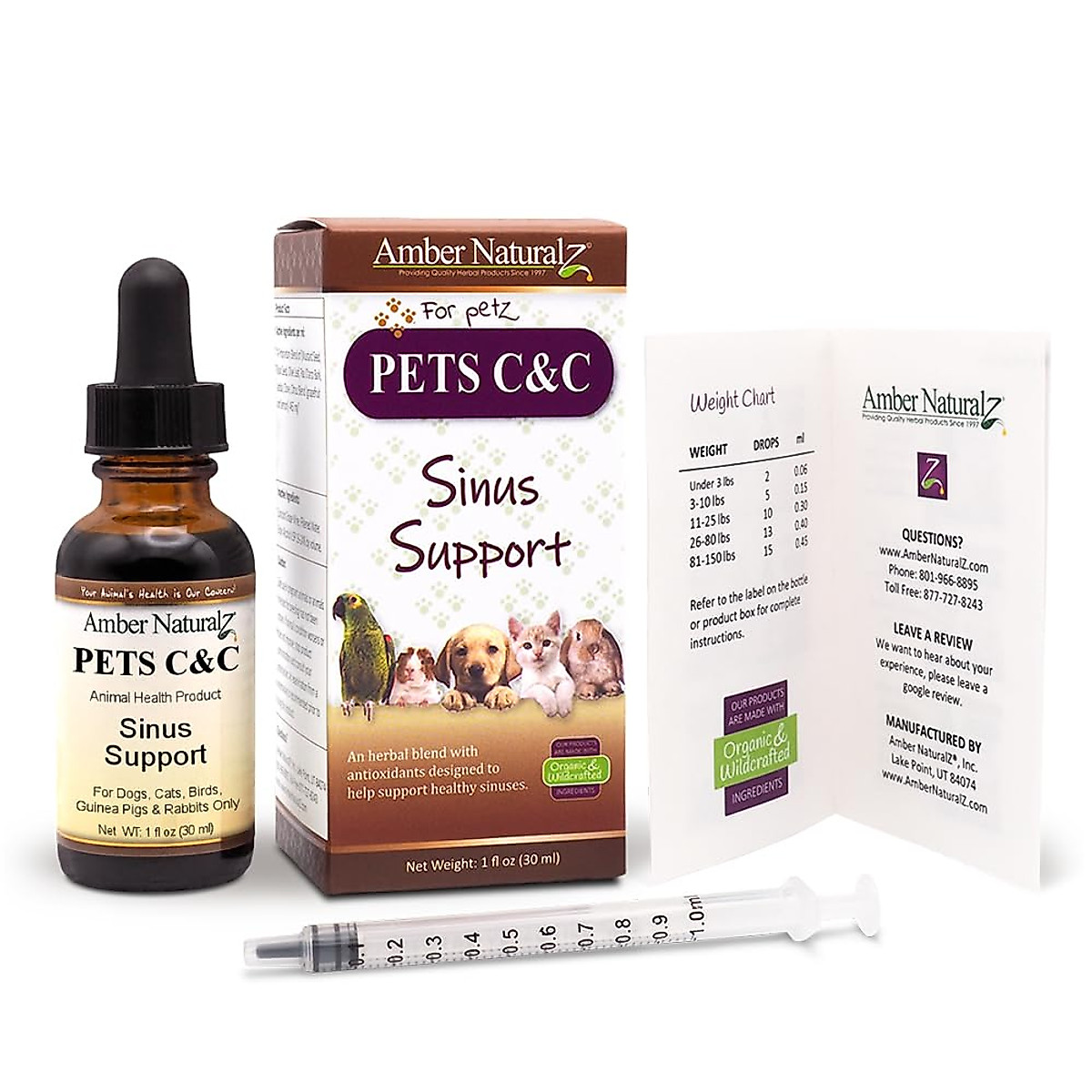 Amber NaturalZ Pet C&C Herbal Supplement for Dogs, Cats, Birds, Guinea Pigs, and Rabbits | Pet Herbal Supplement for Healthy Sinus | 1 Fluid Ounce Glass Bottle |Manufactured in The USA