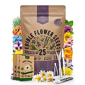 Organo Republic 25 Edible Flower Seeds Variety Pack- Indoor/Outdoor. 8000+ Non-GMO Heirloom: Anise, Hyssop, Nasturtium, Pansy, Echinacea, Lavender, Chives Seeds & More