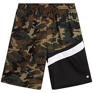 RBX Boys’ Athletic Shorts - 4 Pack Lightweight Fleece Performance Basketball Shorts - Activewear Shorts for Boys (Size: 8-16), Size 10-12, Green Camo/White Blue
