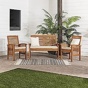 Walker Edison AZOWCHAT3PCBR Castellina Modern 3-Piece Solid Acacia Wood Patio Chat Set, Brown