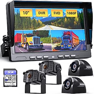 Xroose 10”HD 1080P Wired Backup Camera Kit, Full/Split Screen Monitor with Loop Recording&Parking Lines, IP69 Waterproof Rear/Side Cameras Auto IR Lights Night Vision, for Truck RV Trailer (C104)