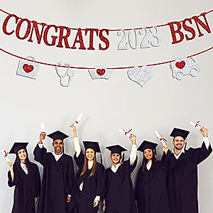 Glitter Congrats 2023 BSN Banner - Nurse Graduation Party Decoration Supplies - Nursing School Graduate Party Bunting Sign/Photo Props, Silver and Red