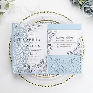 Wedding Invitations with Envelopes and RSVP Cards, Light Blue Laser Cut Invitation Pocket Blank Invitations with Envelopes and Stickers, Bridal Shower Card Birthday Party Invitations Custom 50 PCS