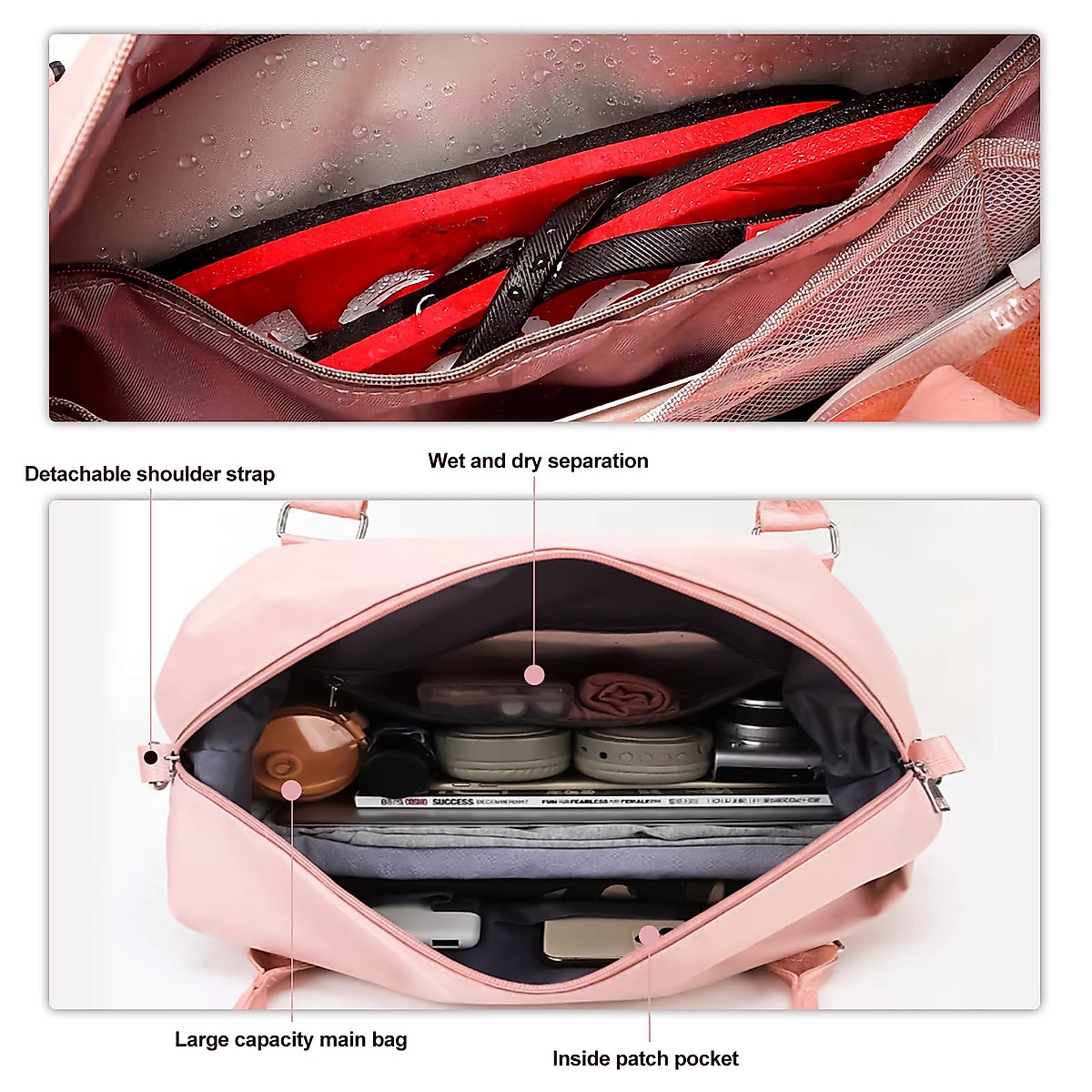 WPODAR Gym Bag for Women, Pink Duffle Bag Tote Bag Shoulder Bag Travel Bag for Women for Plane, Duffle Bag for Swimming Yoga with Dry Wet Separated Pocket for Training