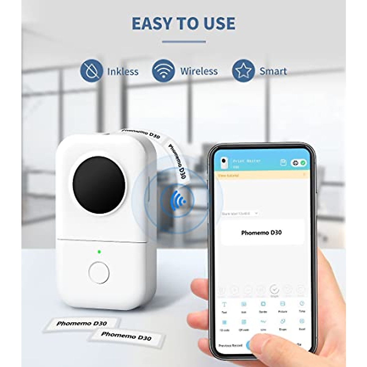 Phomemo D30 Label Maker Machine with 4 Tapes - Black on Clear, White Tape, Mini Bluetooth Label Printer, Portable Smart Phone Handheld Sticker Mini Labeler Inkless Rechargeable, BPA-Free