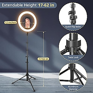 UBeesize 12” Selfie Ring Light with 62” Extendable Tripod Stand & Remote, LED Circle Light with Phone Holder for Video Recording/Makeup/Content Creator (YouTube/TikTok/Twitch), Phone, Camera & Webcam