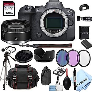 Als Variety EOS R6 Mirrorless Digital Camera with RF 50mm f/1.8 STM Lens Bundle + 128GB Memory + Case + Filters + Tripod (24pc Bundle)