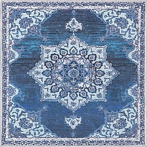 Rugs.com Francesca Collection Washable Rug – 7 Ft Square Navy Blue Flatweave Rug Perfect for Living Rooms, Kitchens, Entryways