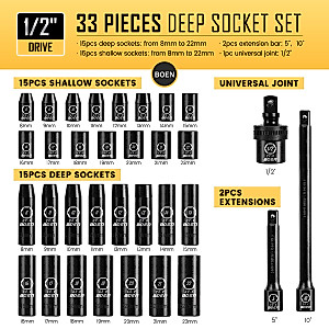boen 1/2" Drive Impact Socket Set, 33 Piece Deep & Shallow Metric Socket Set 8mm to 22mm, Includes 5", 10" Extension Bars, Universal Joint, 6 Point Design, Cr-V Steel, Meets ANSI Standards
