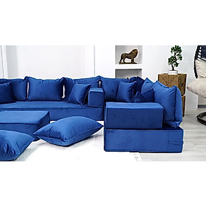 8" Thickness Royal Blue U Shaped Floor Seating Sofas, Sofa Bed Couch, Luxury Velvet Sofas, Moroccan Home Decor Livingroom Sofas, Arabic Seating Sofa (U Sofa + Ottoman + Pillows)