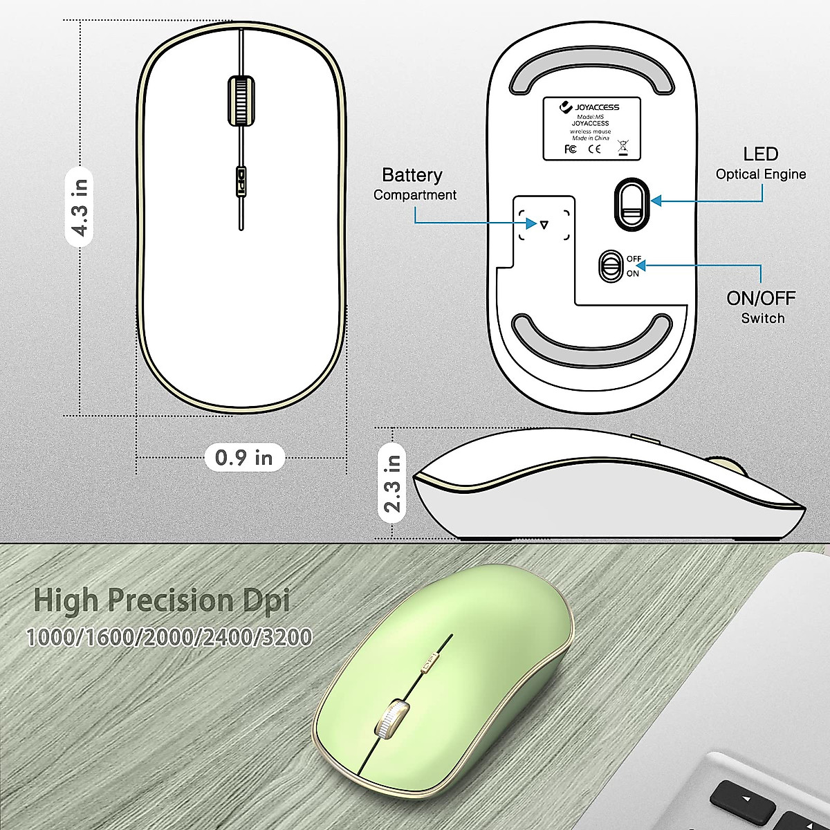 JOYACCESS J 2.4G Slim Wireless Silent Mouse, Portable Wireless Computer Mouse with 5 Adjustable DPI Levels, USB Mouse for Desktop, Notebook, MacBook, Chromebook, PC (Light Green)