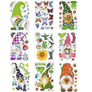 9 Sheets Spring Gnome Static Window Clings- Double Sided Faceless Doll Flowers Butterfly Window Decals Stickers in 9 Styles Party Favors for Spring Home Cafe Restaurant Glass Door Window Decors