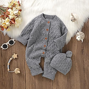 Hadetoto Newborn Baby Sweater Romper Knit Outfits Long Sleeve Jumpsuit with Warm Hat for Infant Boy Girl