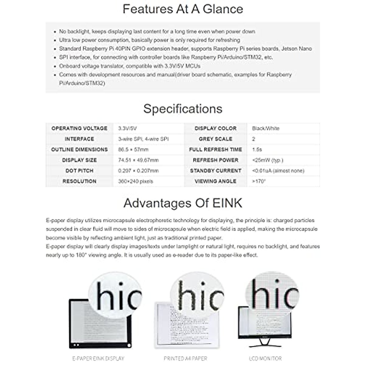 Waveshare 3.52inch E-Paper HAT Compatible with Raspberry Pi 4B/3B+/3B/2B/B+/A+/Zero/Zero W/WH/Zero 2W Supports Jetson Nano 360 × 240 Resolution SPI Interface Black/White Dual Colors
