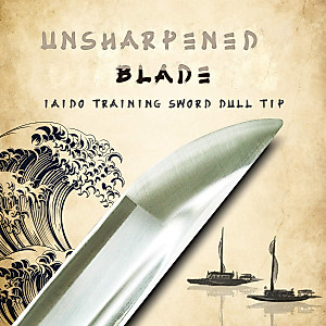 HMS Unsharpened Iaido Training Wakizashi Sword, Stainless Steel, Full Tang, Samurai Bamboo Tsuba, Black Scabbard