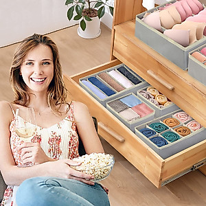 12PCS Drawer Organizers for Clothing, 53 Cell Bra Sock Underwear Drawer Organizer Fabric Foldable Dresser Drawer Divider Closet Organizers and Storage Boxes for Baby Clothes Bras Socks Lingerie (Grey)