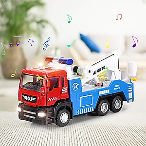 Winrayk 4Pcs Tow Truck Toys with Mini Toy Cars Set Pull Back Cars with Lights and Sound Trailer Transporter Vehicles Truck Toy, 1:50 Scale Metal Diecast Toy Trucks for Boys Girls 3 4 5 6 7 8 Years Old