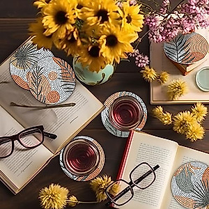 8 Pcs Leaves Diamond Painting Coasters with Holder, DIY Gray Leave Boho Diamond Art Non Slip Coaster for Adults Kids Beginners, Diamond Painting Kits Accessories Art Craft Supplies