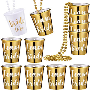 Maitys 12 Pieces Bride Plastic Beaded Bridal Shot Glass Necklace Gold Foil for Bachelorette Party Bridal Party Necklaces (White, Gold)