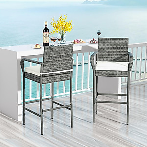 Tangkula Patio Wicker Barstools Set of 4, Outdoor PE Rattan Bar Chairs with Armrests & Soft Cushions, Stable Metal Frame, 400 lbs Max Load, Mix Brown PE Wicker Bar Chairs for Porch (2, Mix Gray)